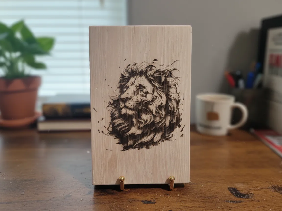 Laser Engraved Wooden Lion Portrait on Display | Free Files - Atomm