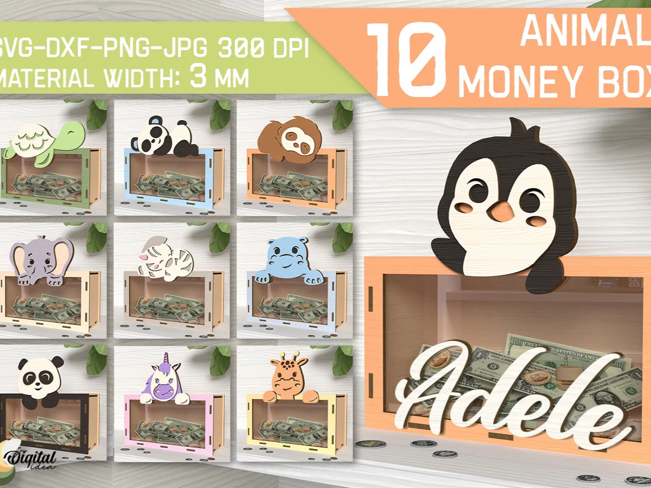 3D Cute animal piggy banks bundle laser cut. Wooden money bank box. Kid ...
