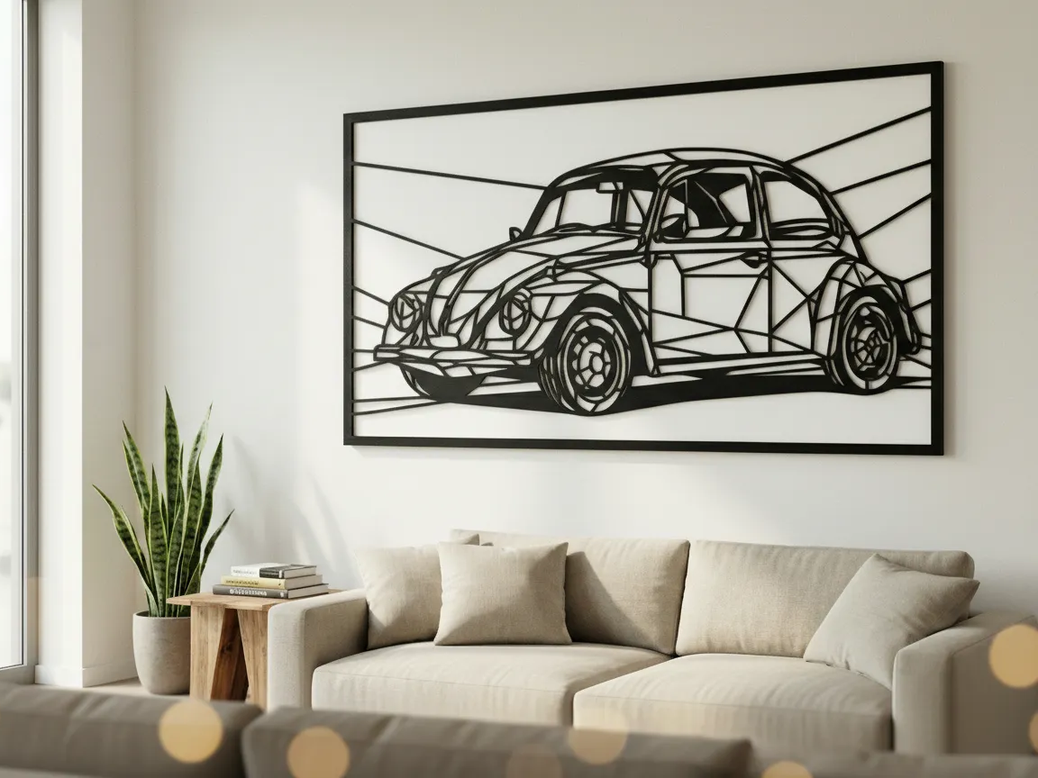 Laser Cut Wall Art of Classic Car VW Beetle in Black Frame Poly-Line ...