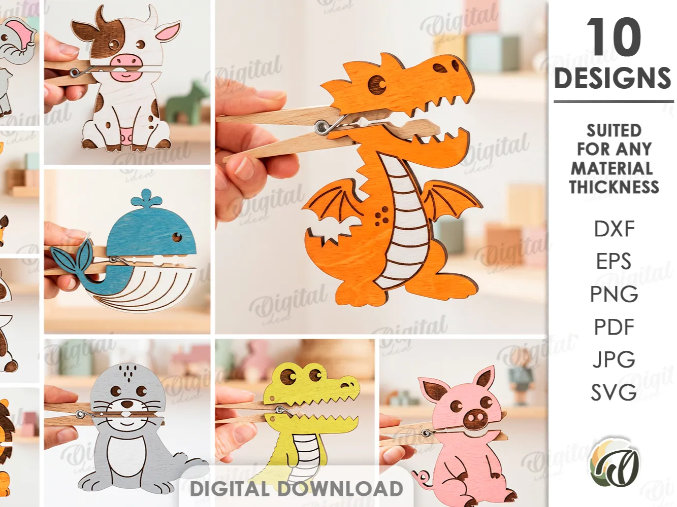 3D Animal clothespin puppets bundle. Kids toy laser cut files ...