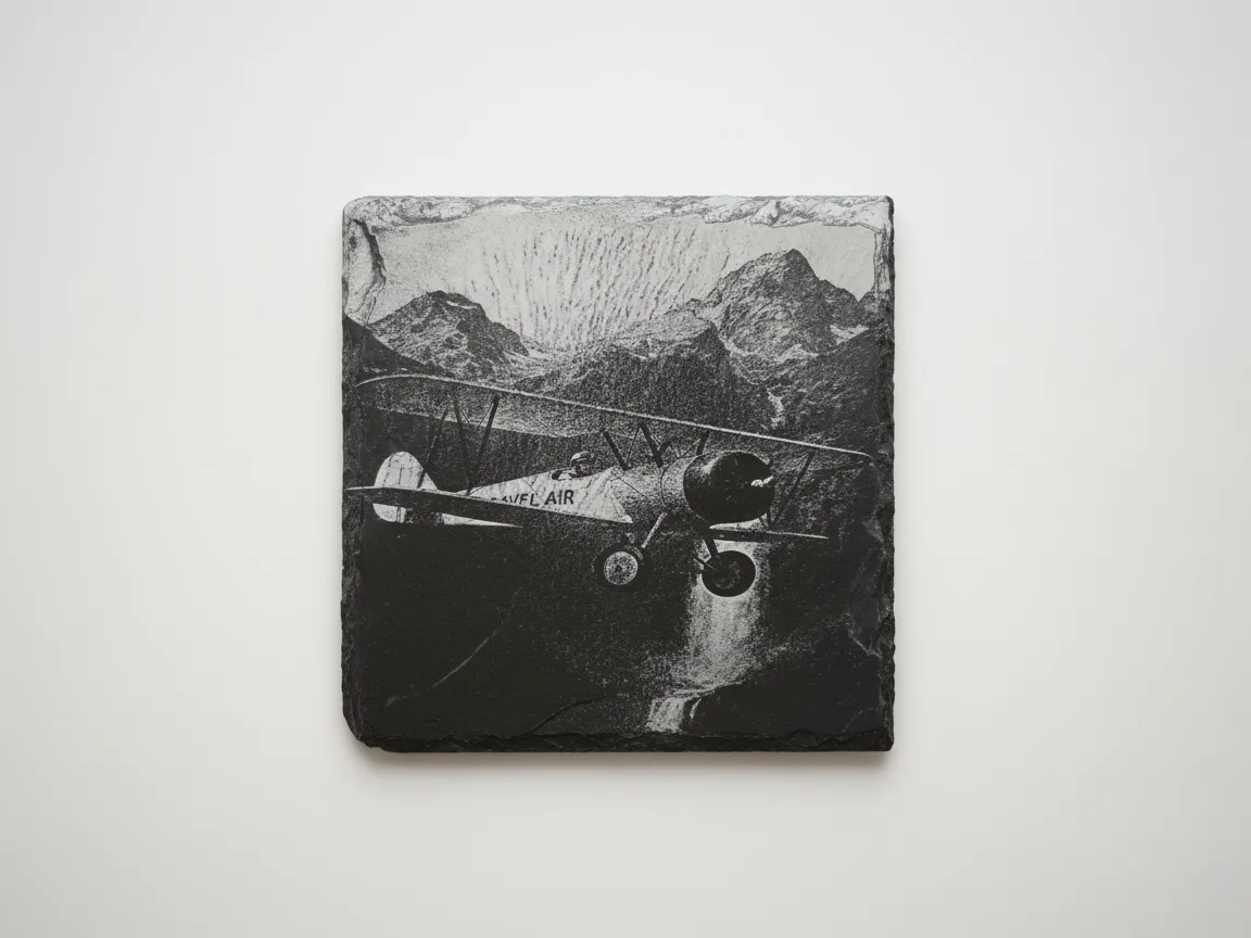 Laser Engraved Vintage Airplane with Mountain Landscape on Stone | Free ...