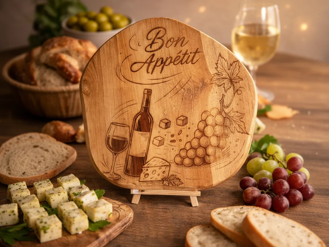 Laser Engraved Wooden Cutting Board with Wine and Cheese Design | Free ...