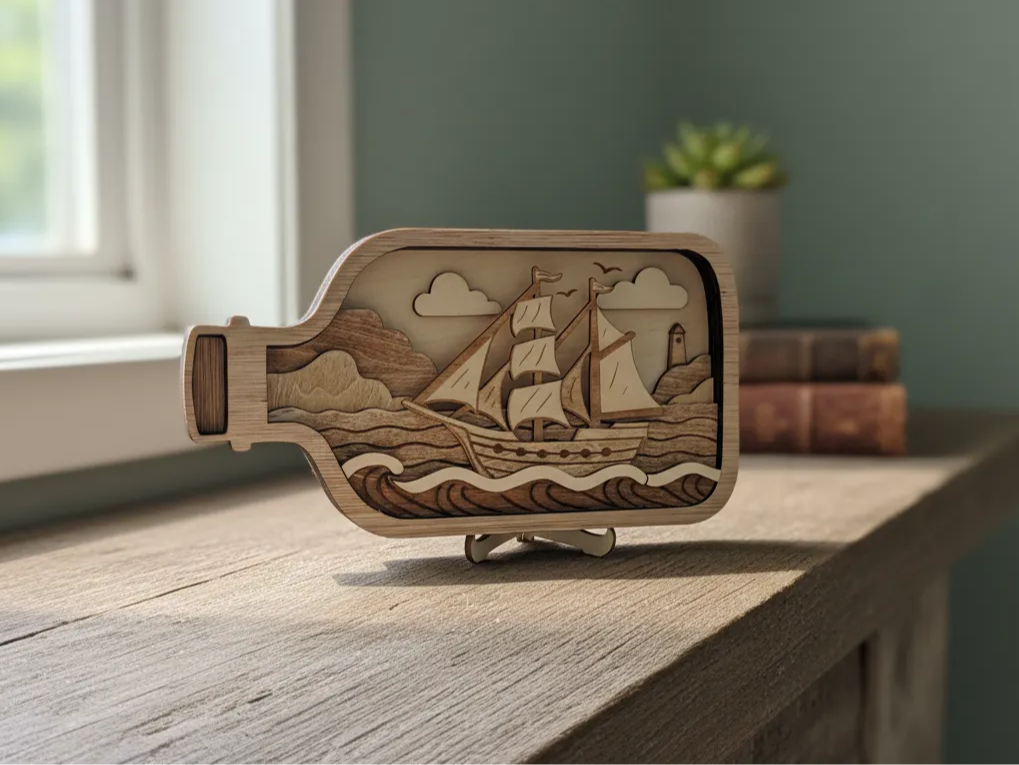 3D Laser Cut Multilayered Wooden Ship in a Bottle Decorative Wall Art ...