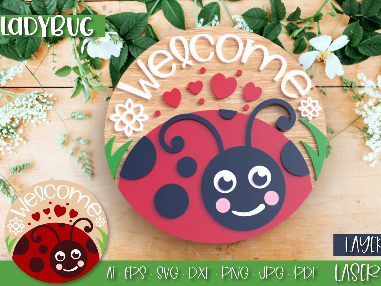 Laser Cut Wooden Ladybug Welcome Wall Art Decor | Ready to Use Files ...