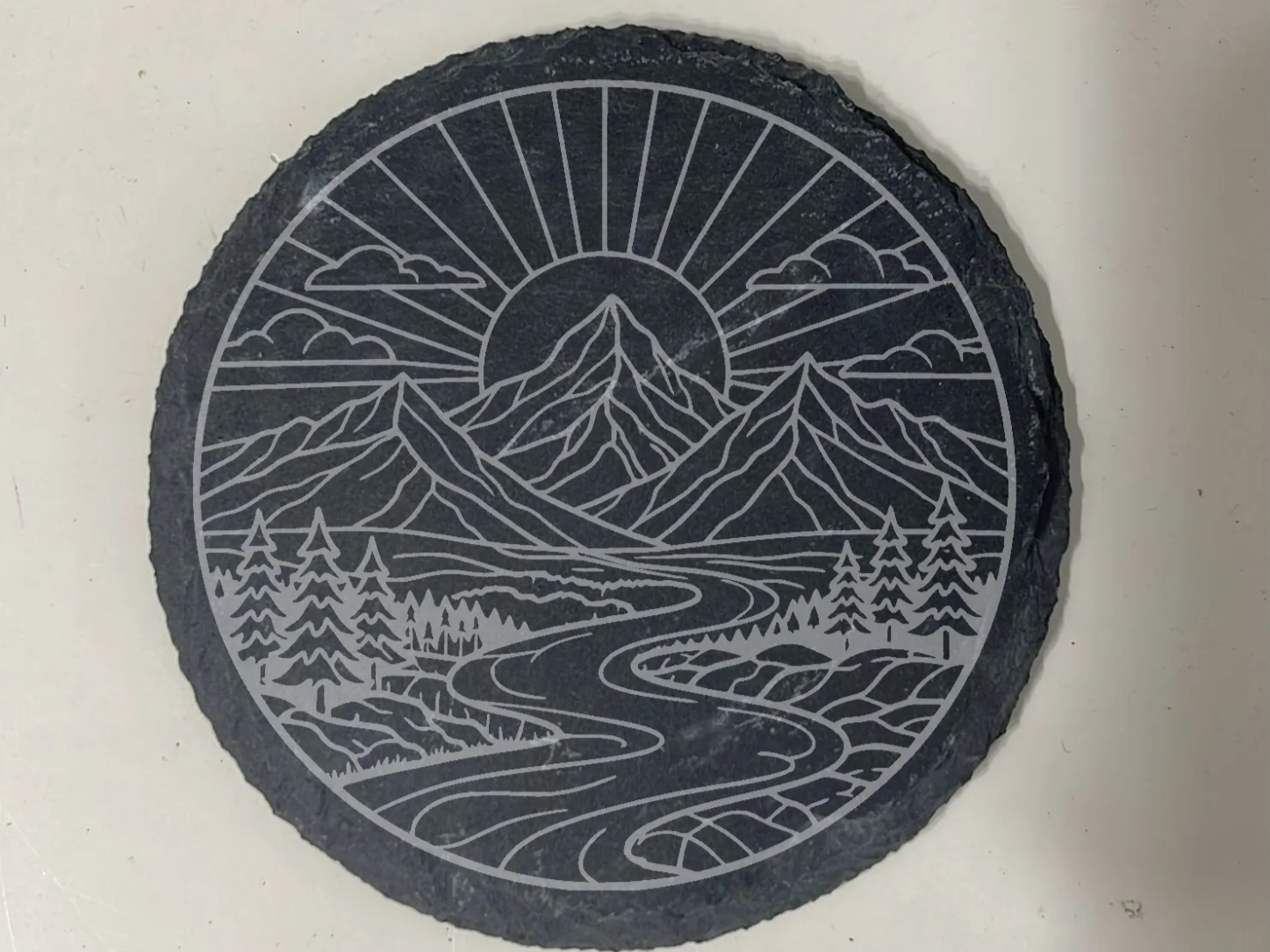 Laser cut and engrave | Laser Engraved Mountain Landscape Round Slate ...