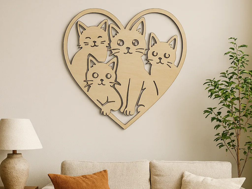 Laser Cut Wooden Heart with Cat Silhouettes Wall Art | Free Files - Atomm