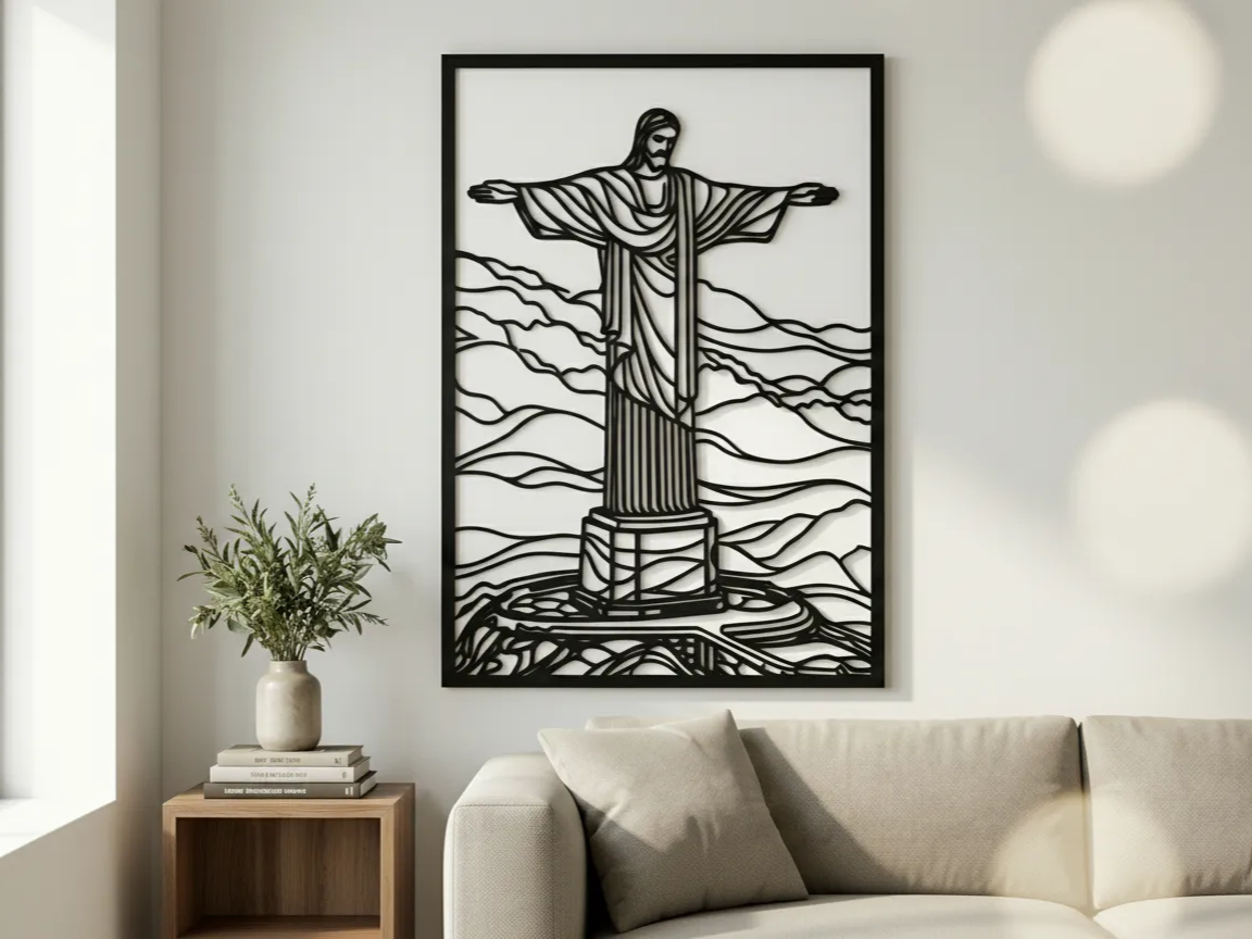 Laser Cut Wall Art of Christ the Redeemer Statue in Black Frame Flow ...
