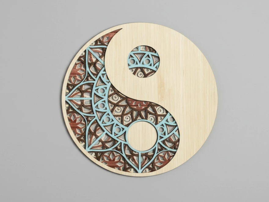 Laser Cut Yin Yang Wall Art with Intricate Blue and Brown Patterns ...