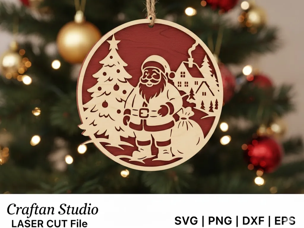 Laser Cut Wooden Christmas Ornament with Santa and Tree Design | Ready ...