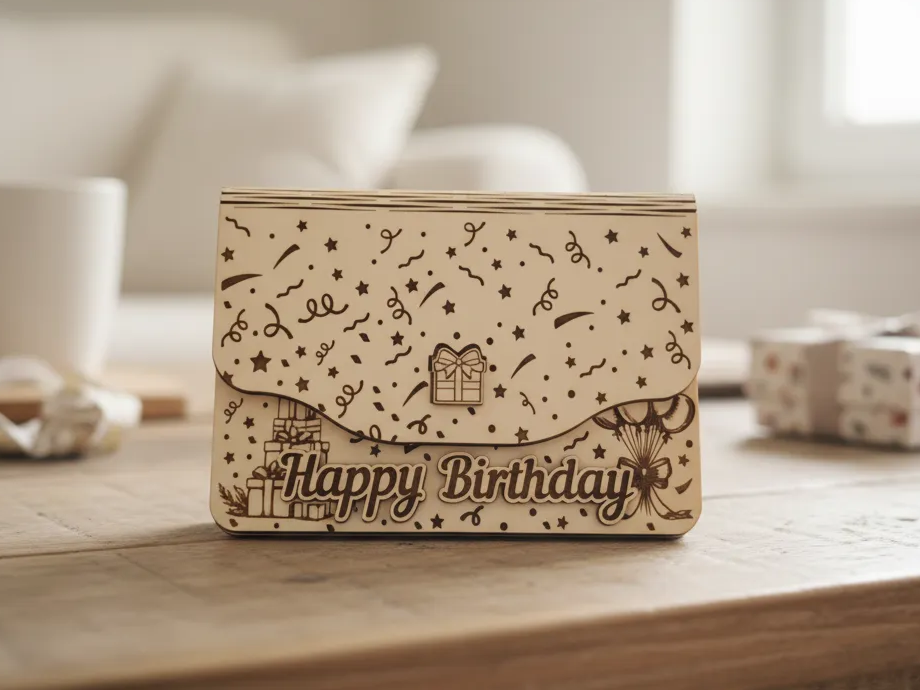Laser Cut Money Holder Wooden Happy Birthday Card with Gift and Balloon ...