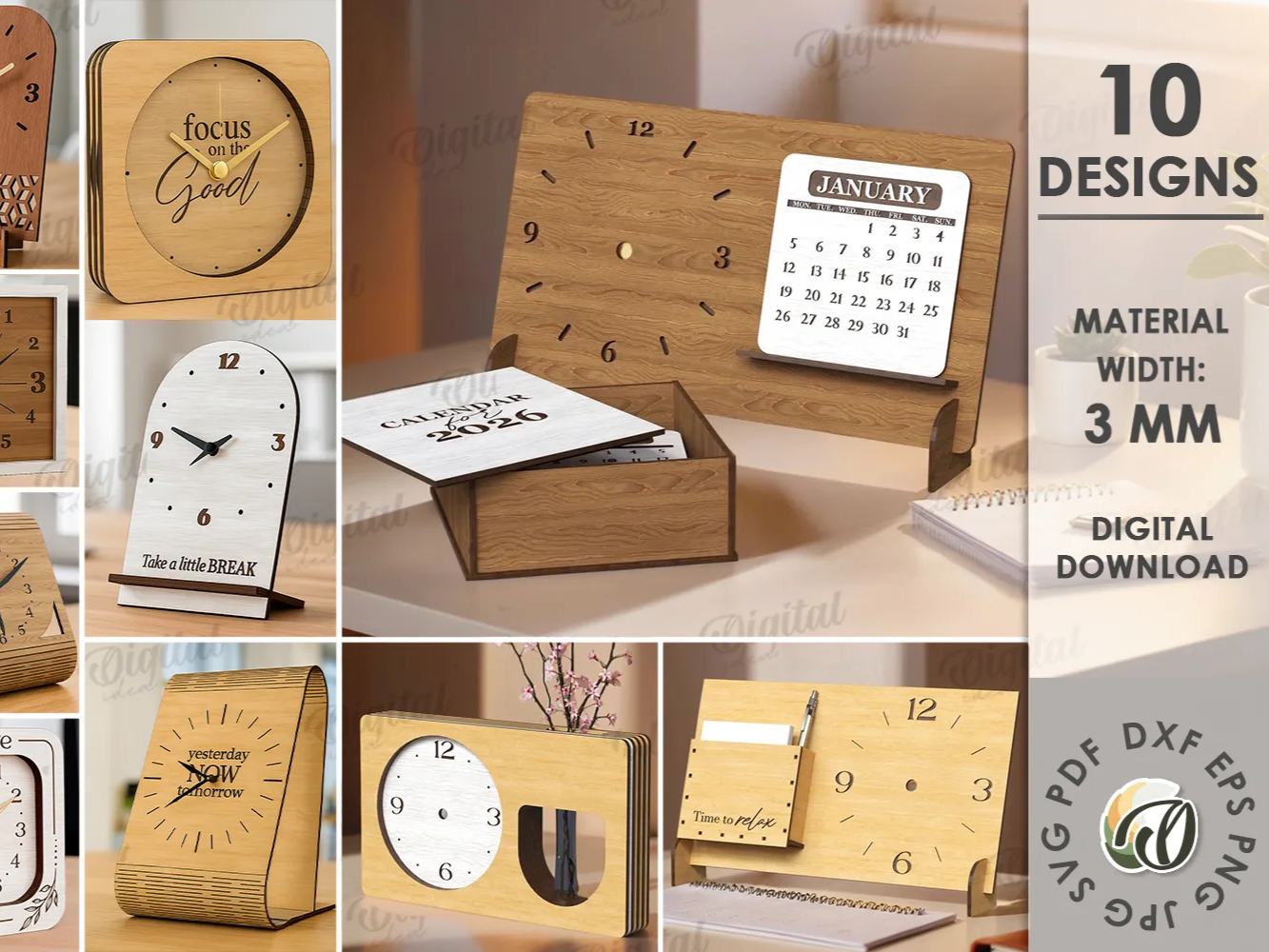 3D Wooden table clocks bundle. Office organizer with clock laser cut ...