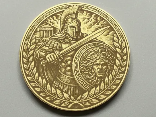 Greek Spartan Warrior Coin with Medusa Shield and Greek Temple Motif ...