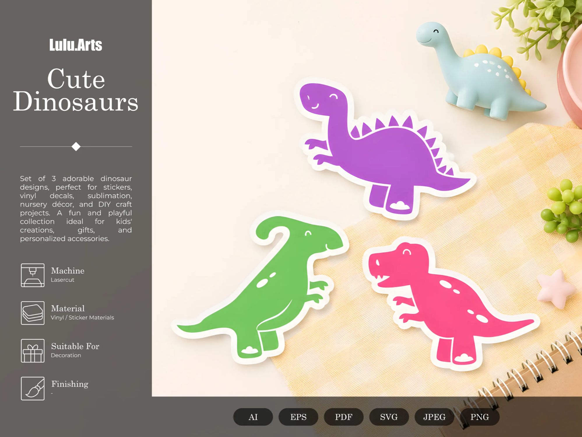 Set of 3 Colorful Dinosaur Stickers for Kids Craft Projects | Free ...