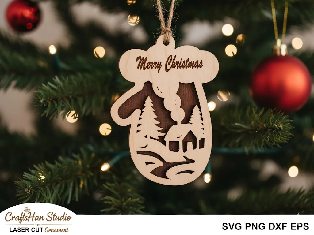 Laser Cut Wooden Merry Christmas Mitten Ornament with Cabin Scene ...