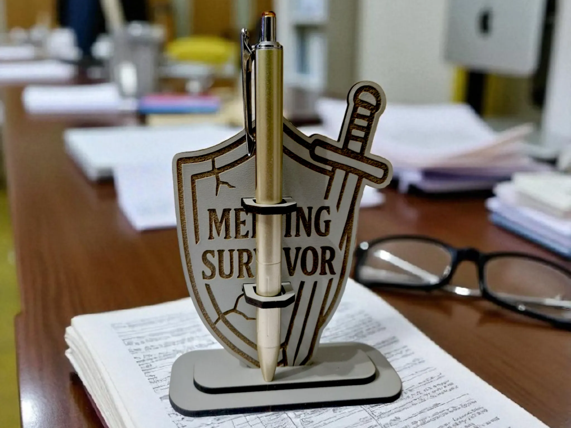 Laser Cut Wooden Shield Pen Holder with Meeting Survivor Text | Ready ...