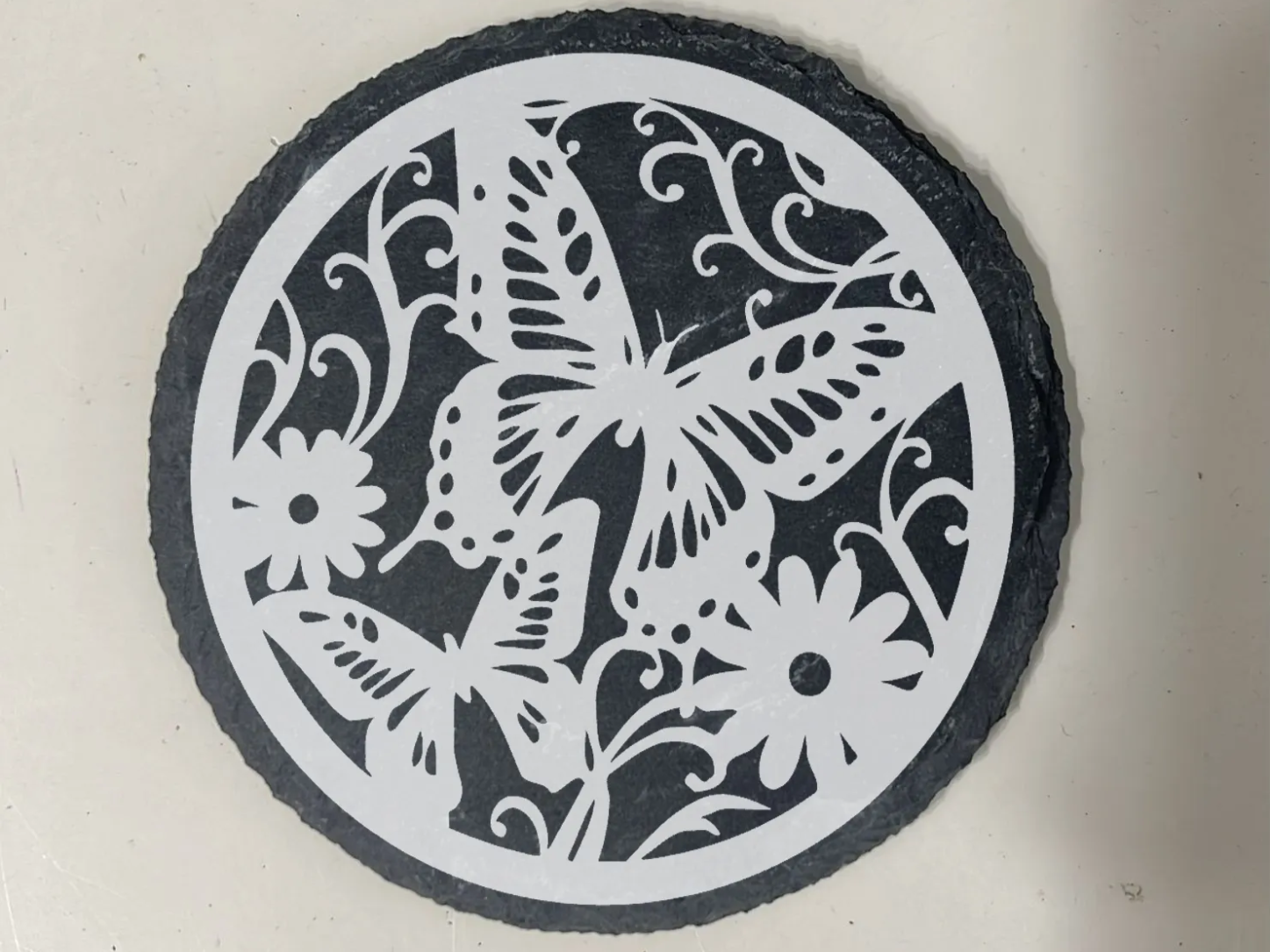 Laser Cut Round Slate Coaster with Butterfly and Flower Design | Free ...