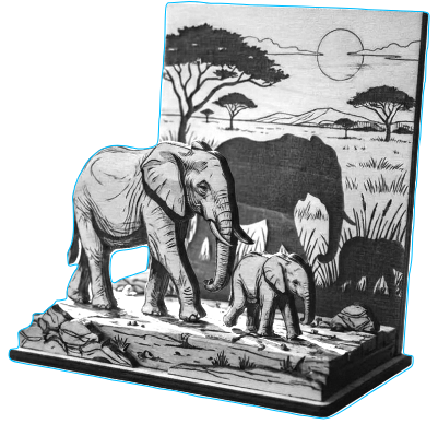 illusion 3D de gravure sur bois d'un elephant dans la savane avec son ...