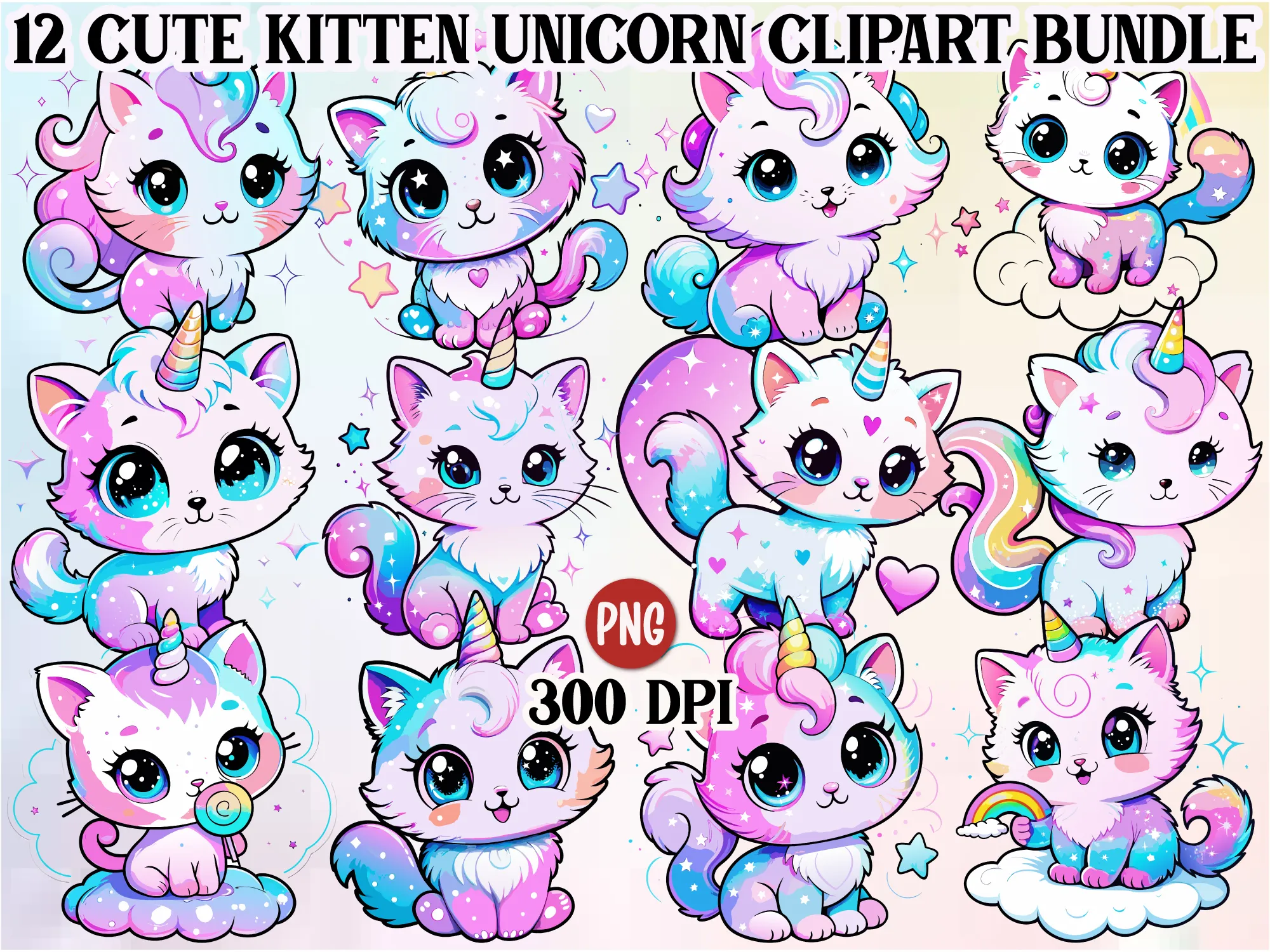 12 Cute Kitten Unicorn Clipart Bundle PNG 300 DPI | Ready to Use Files ...