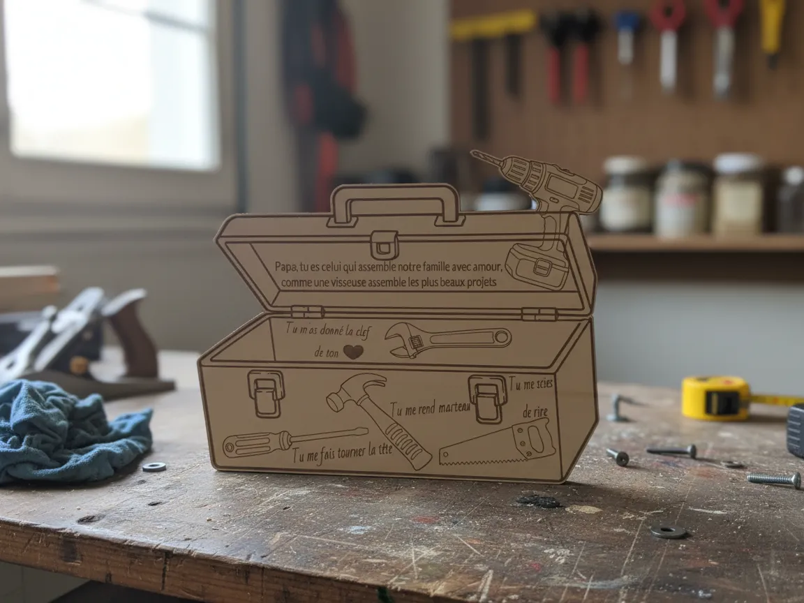 Toolbox shaped sign with French fatherhood quote and tool illustrations ...
