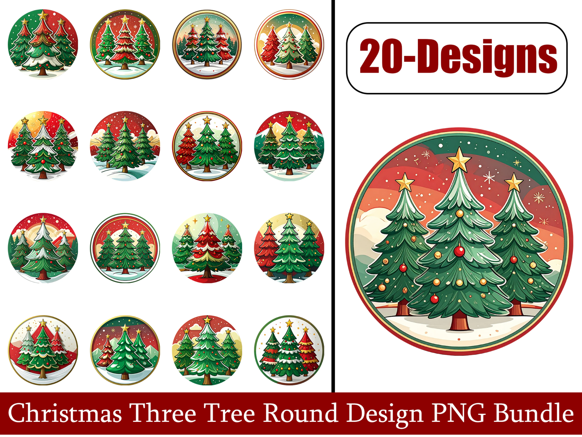 Christmas Tree Round Digital Designs Bundle PNG Clipart | Ready to Use ...