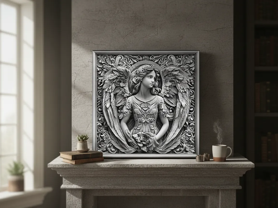 Intricate Angel Relief Wall Art Sculpture in Gray Frame | Free Files ...