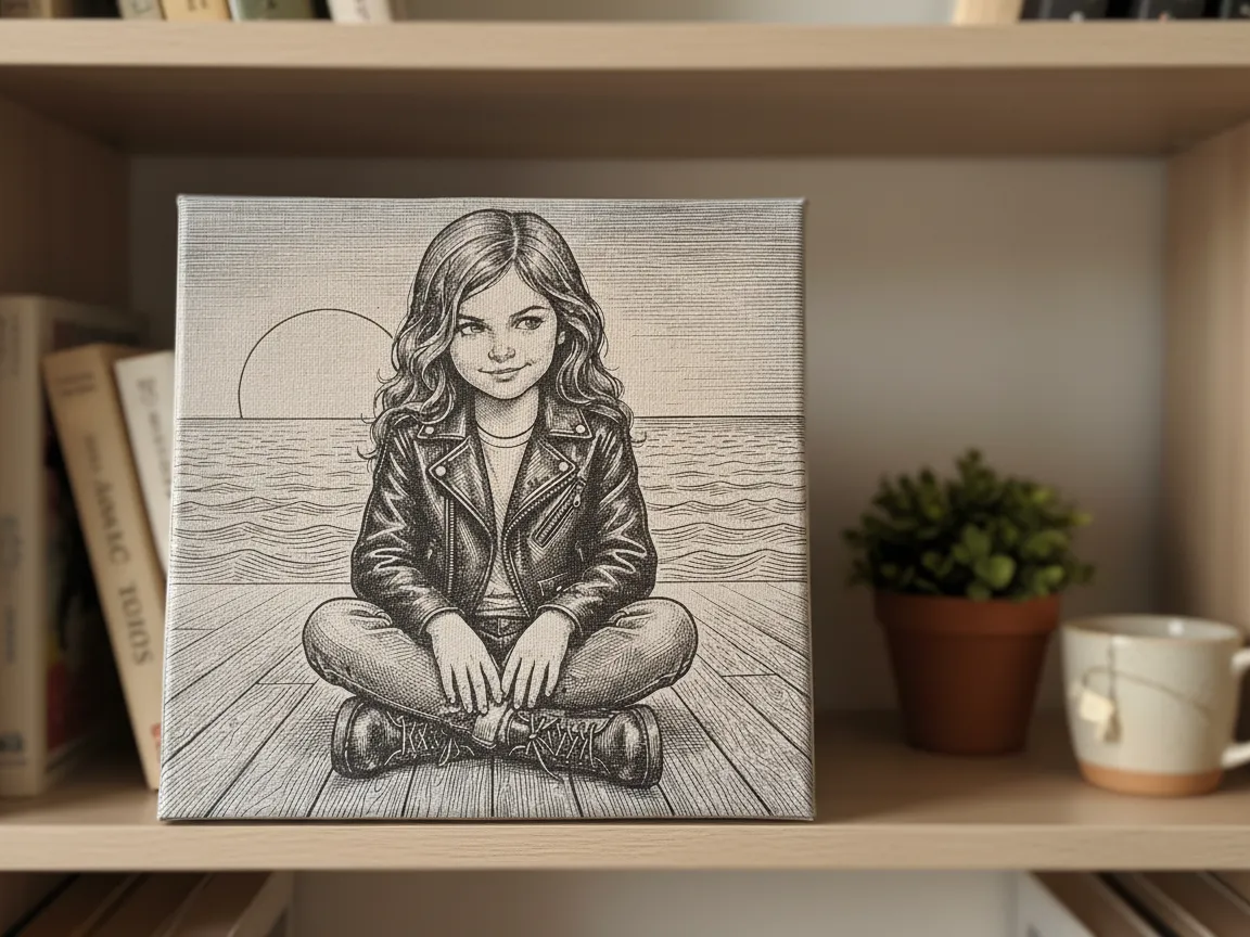 Tableau illustré représentant une jeune fille assise sur un ponton au ...