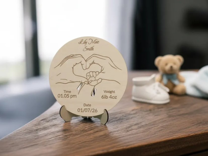 Laser Engraved Newborn Baby Birth Details Wooden Display Plaque ...