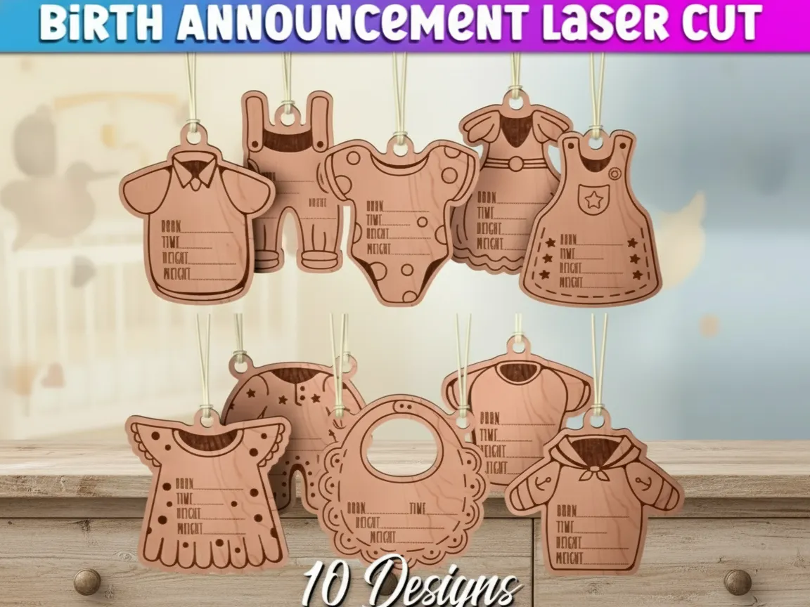 Laser cut and engrave | Wooden Birth Announcement Tags with 10 Baby ...