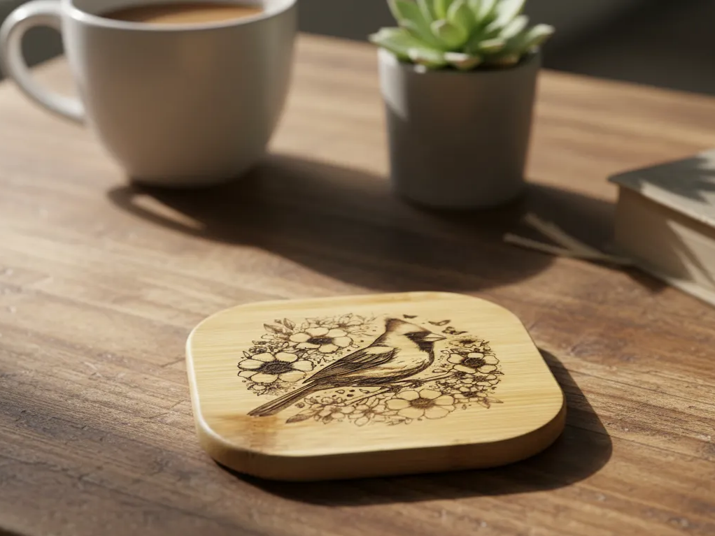 Laser engraved Cardinal on Bamboo Coaster | Free Files - Atomm