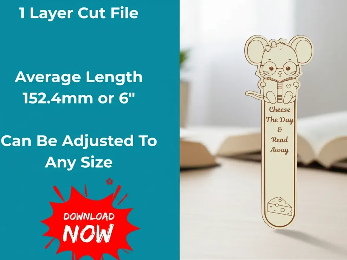 Laser Cut Wooden Bookmark with Cute Mouse and Cheese Design | Ready to ...