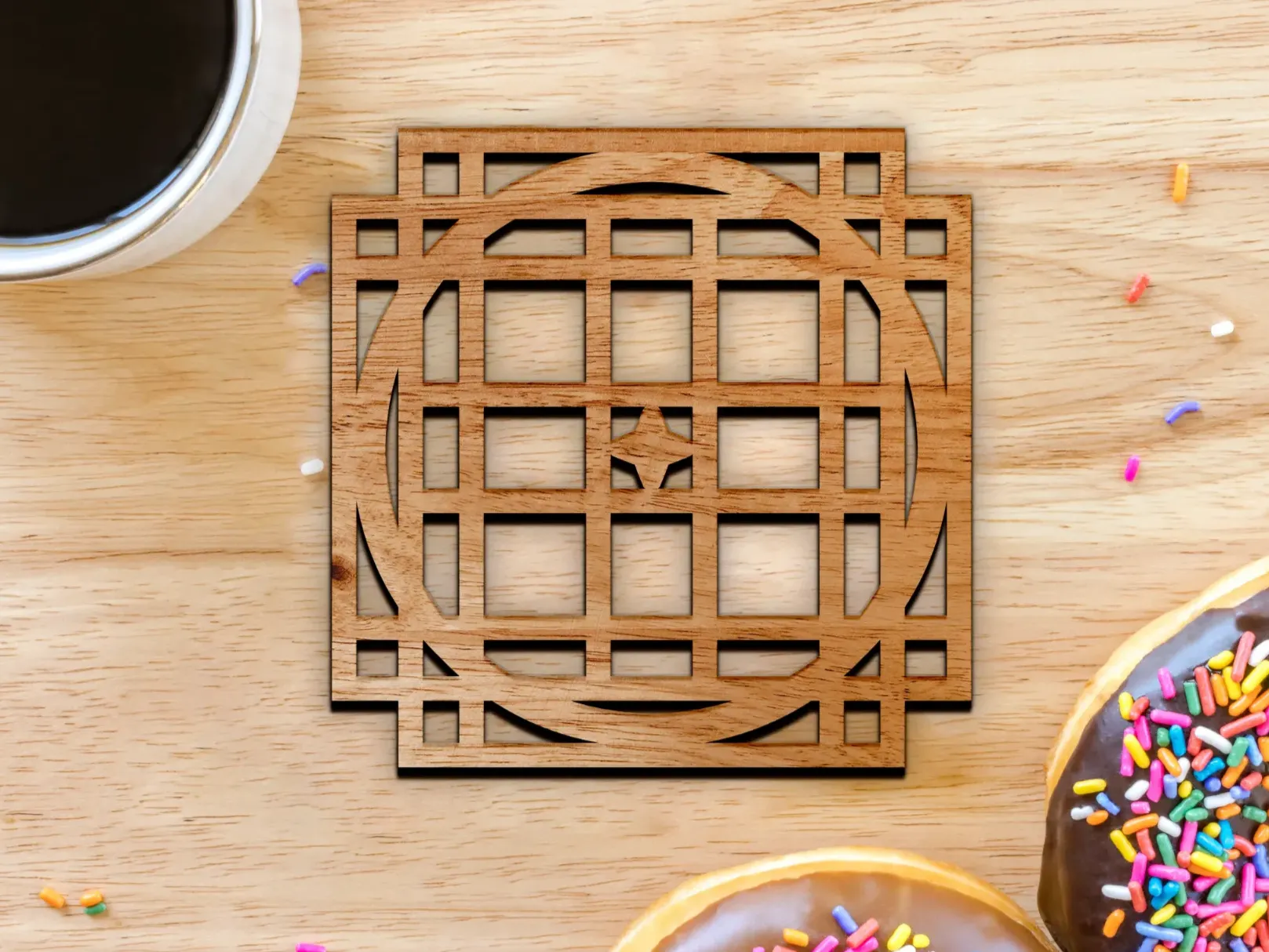 Laser Cut Wooden Coffee Cup Coaster with Geometric Design. Coffee ...