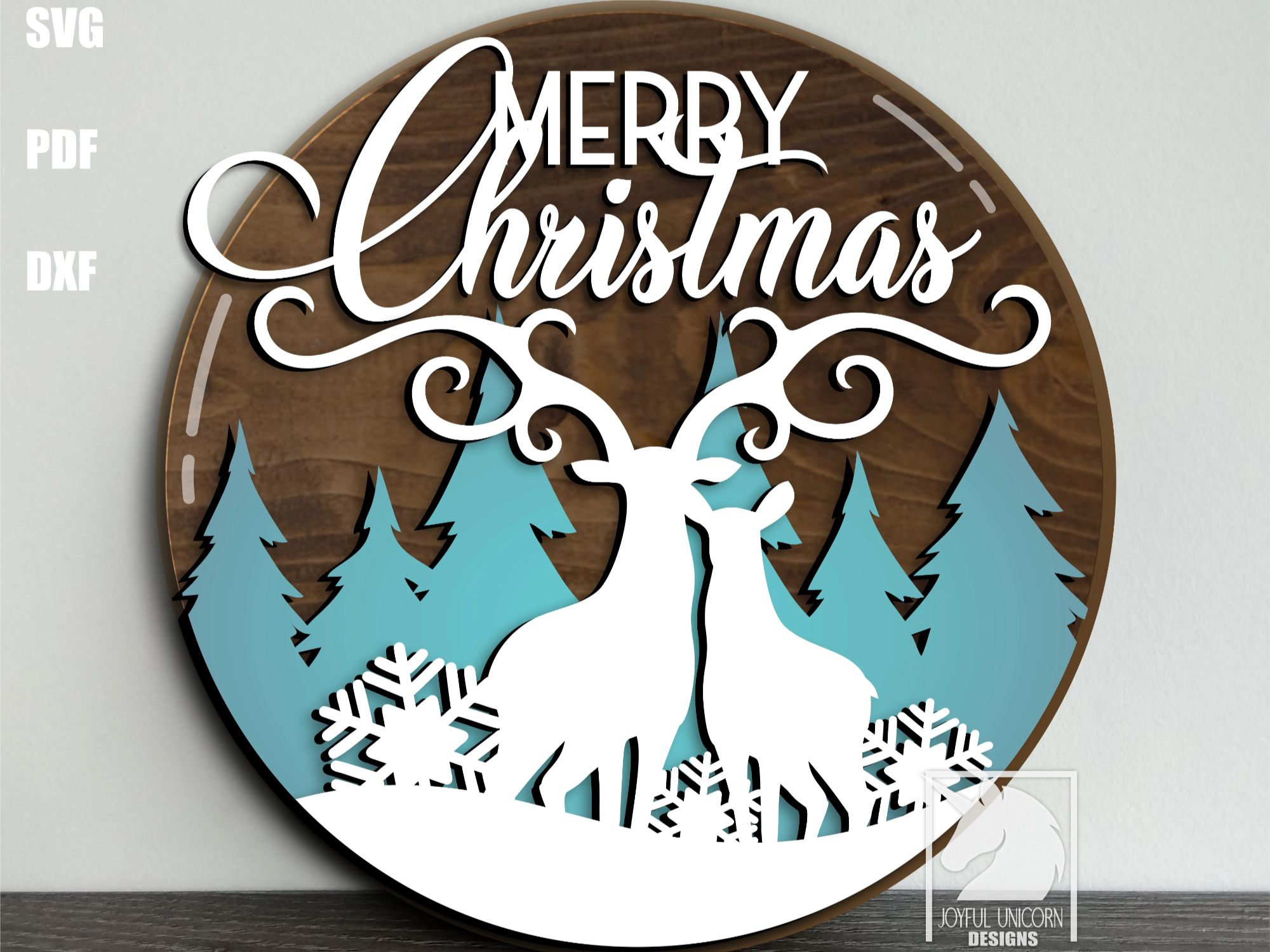 Christmas Reindeer Family Sign SVG: Pine Tree Forest, Wooden Round ...
