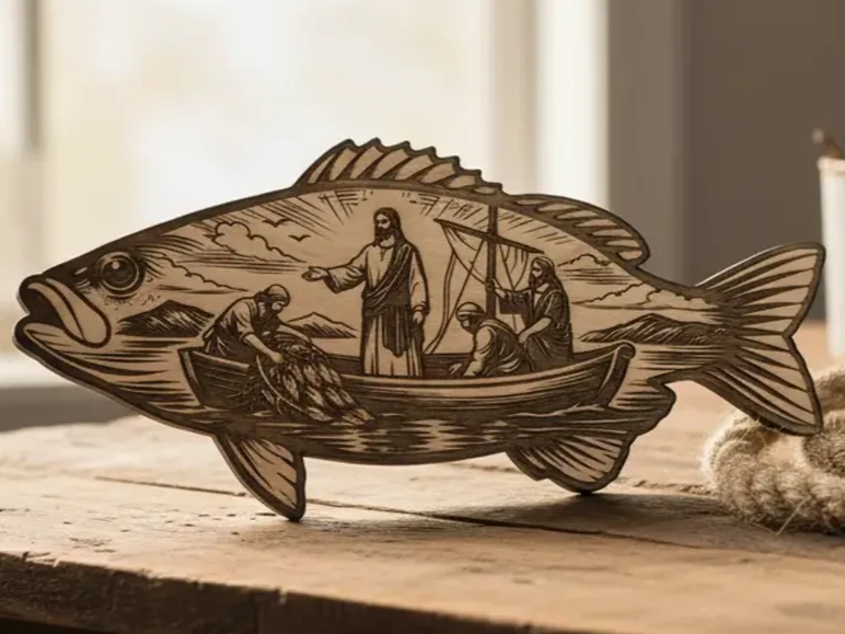 Fish Shaped Wall Plaque Featuring Jesus and Disciples Fishing | Free ...