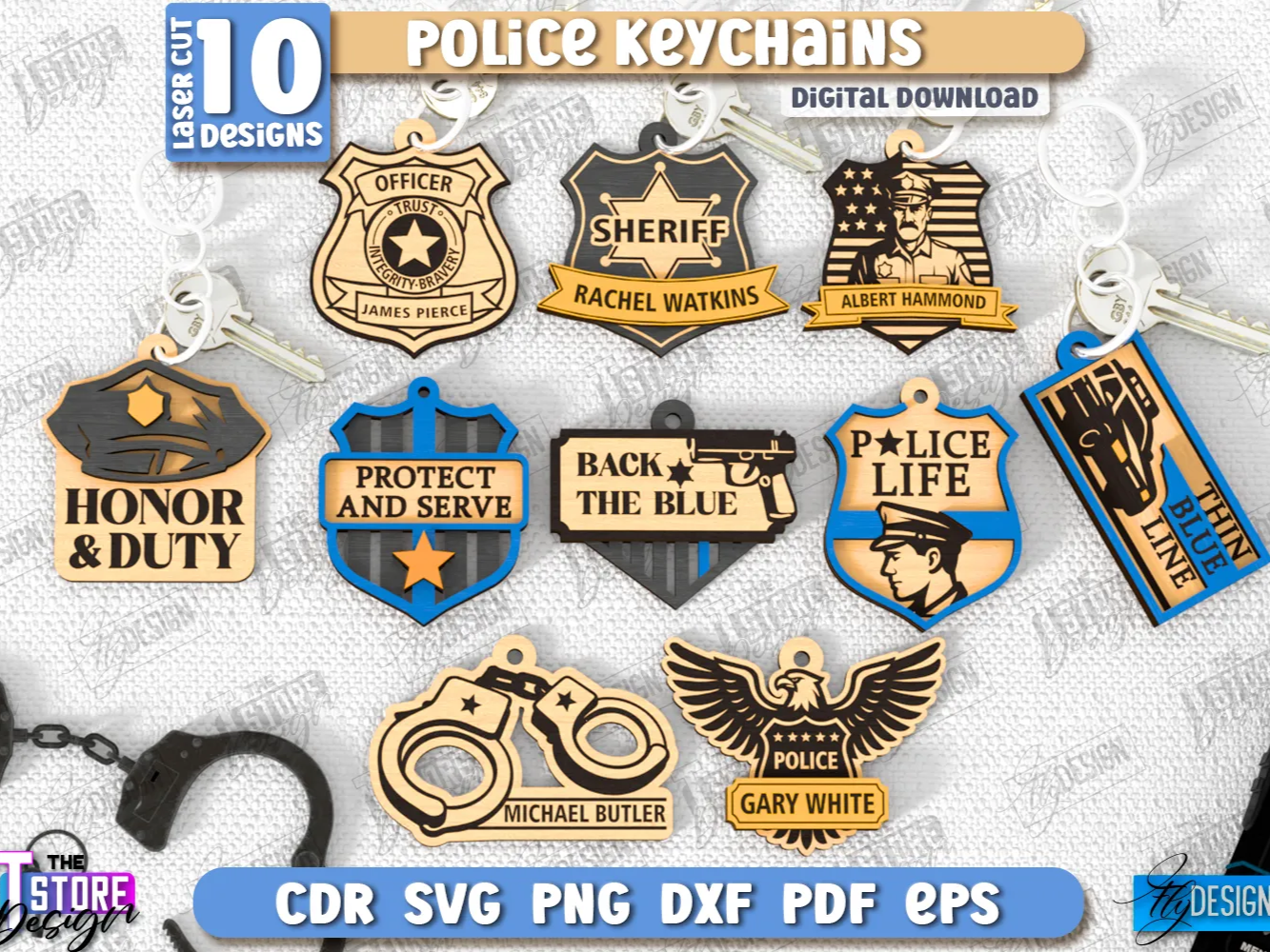 Police Keychains Laser Cut Bundle, Personalized Police Keyrings SVG ...