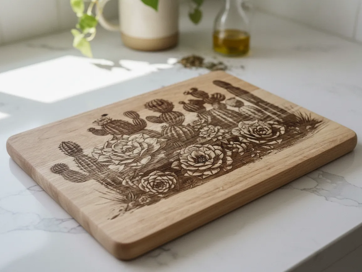 Laser Engraved Wooden Cutting Board with Cactus and Succulent Design ...