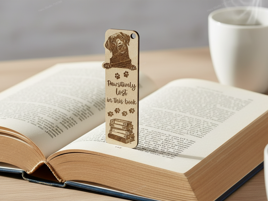 Laser Engraved Wooden Dog Themed Bookmark with Books and Paw Prints ...