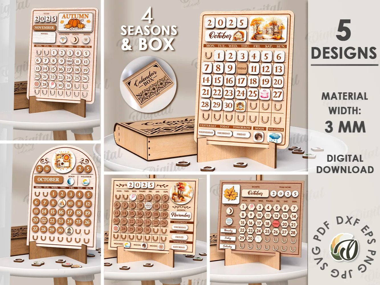 3D Perpetual calendars with boxes bundle. Desk calendar laser cut ...