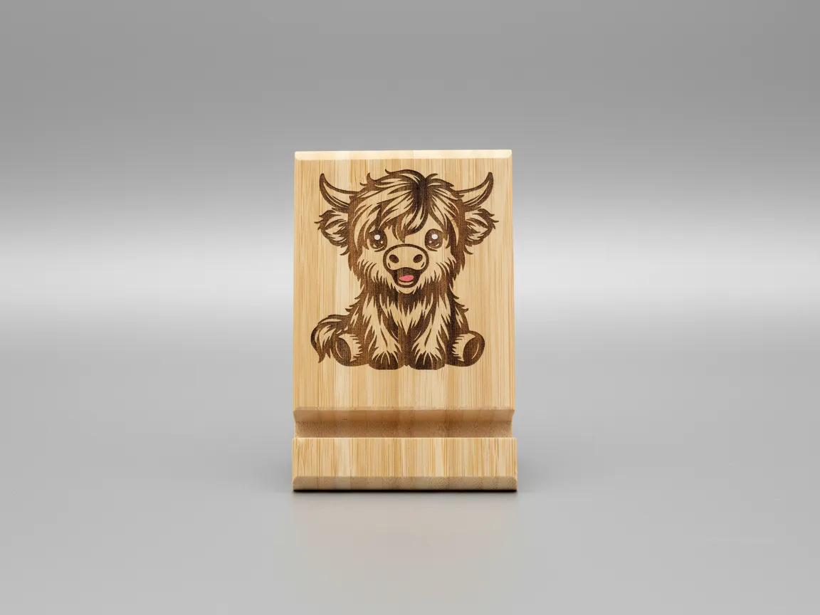 Laser Engraved Bamboo Phone Stand with Cute Highland Cow Design | Free ...