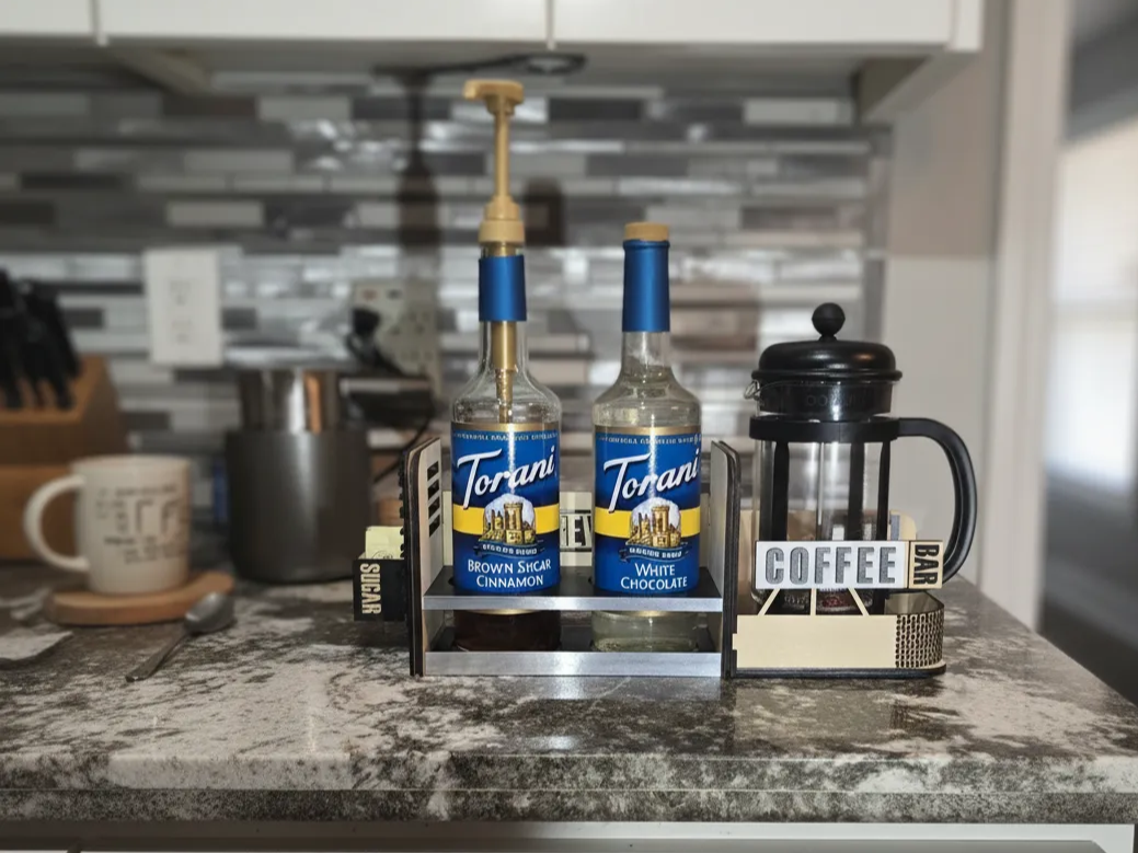 Laser Cut Coffee Bar Organizer with Sugar Tray, Syrup Holders, and K ...