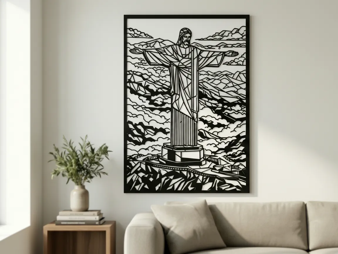 Laser Cut Wall Art of Christ the Redeemer Statue in Black Frame Poly ...
