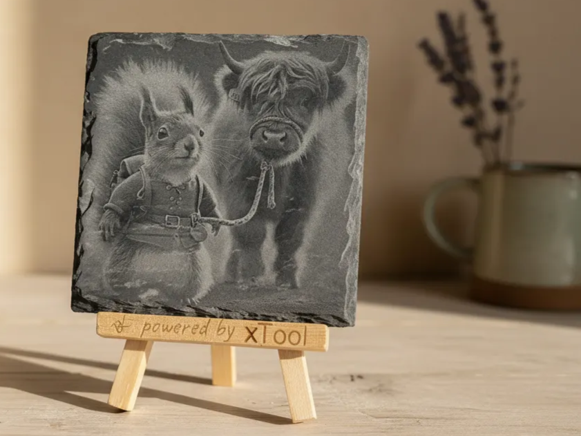 F1 IR Laser Engraved Slate Art of Squirrel and Highland Cow on Mini ...