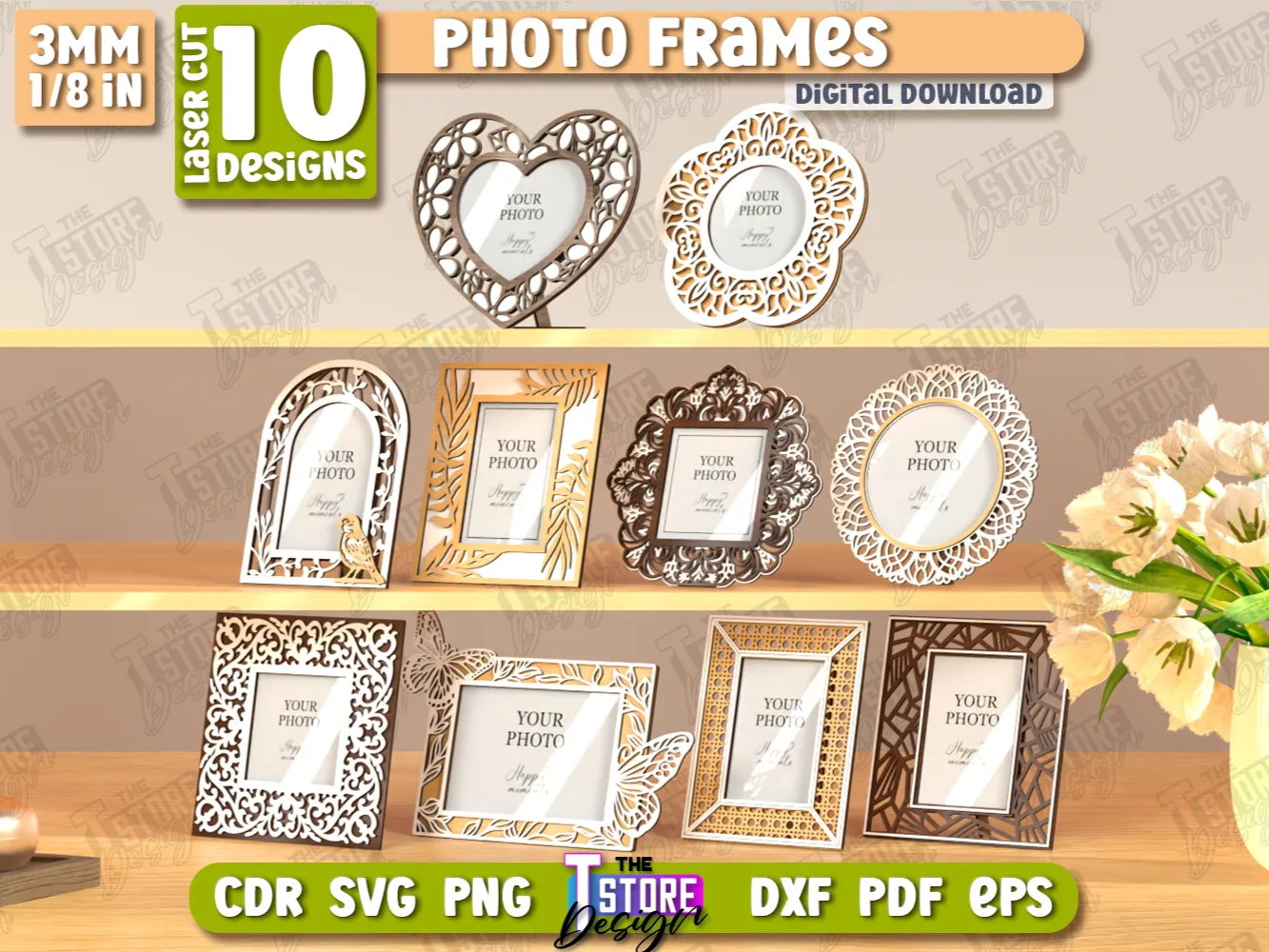Photo Frames Laser Cut Bundle, Wooden Picture Frames, Floral Photo ...