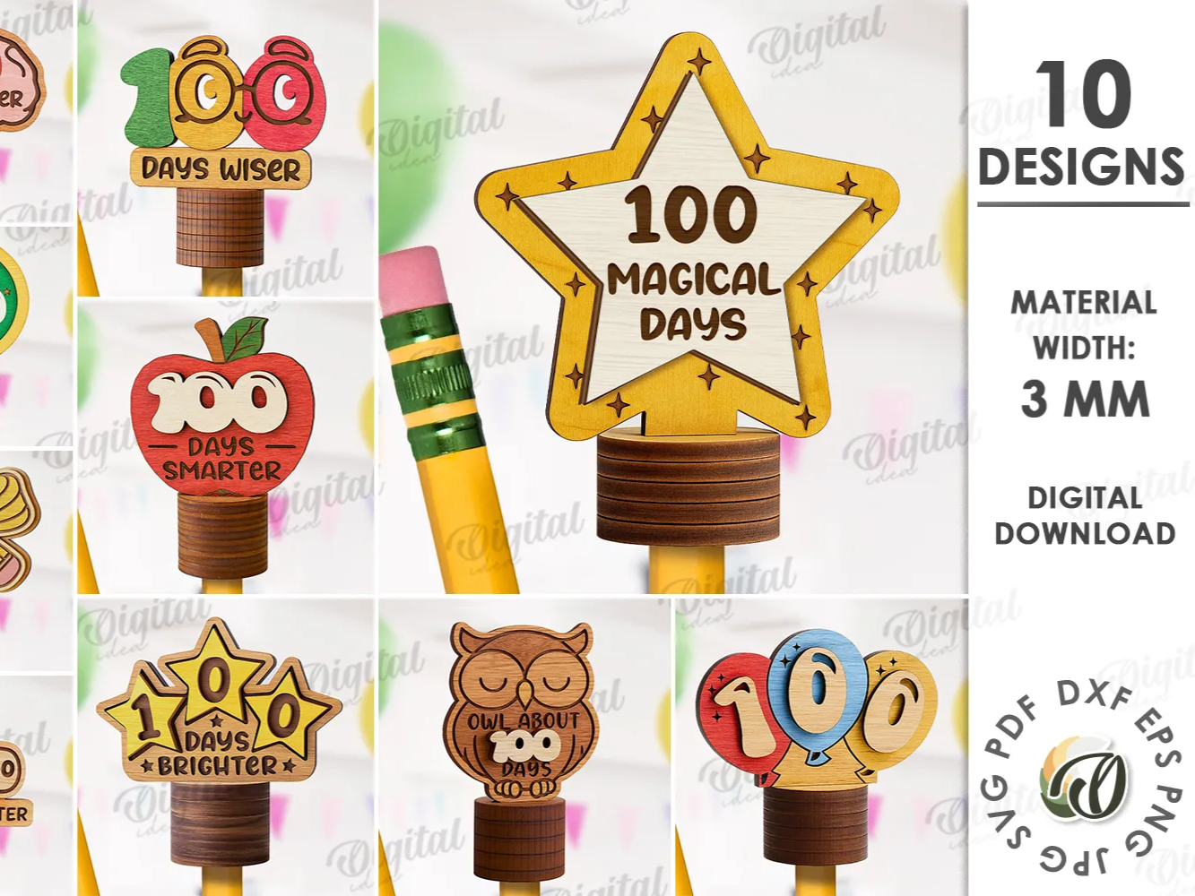 3D 100 days of school pencil toppers bundle. School sign laser cut ...