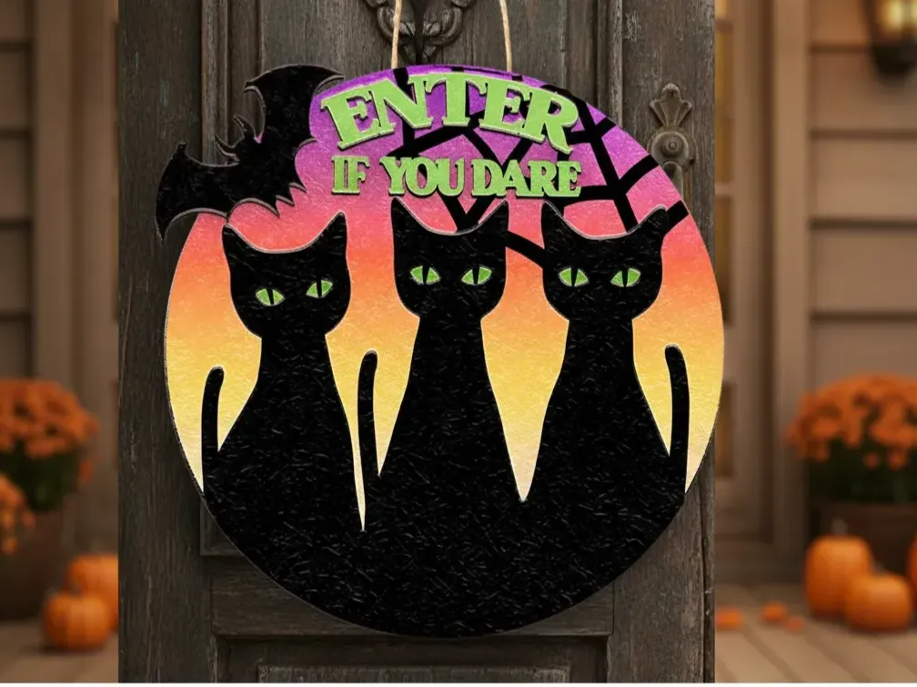 Laser cut and engrave | Laser Cut Halloween Door Sign With Black Cats ...