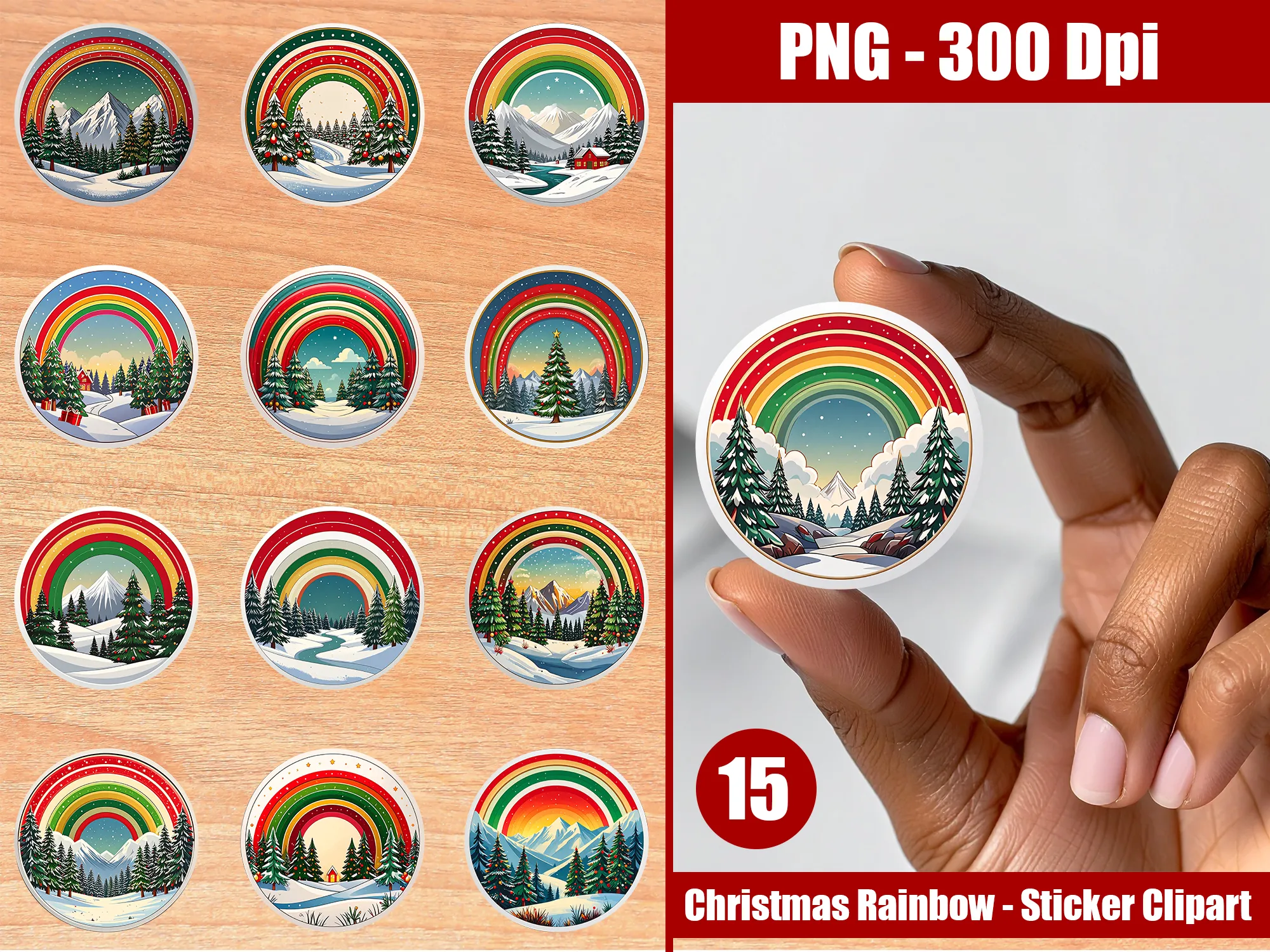 Christmas Rainbow Sticker Clipart Set with Winter Landscape Designs ...