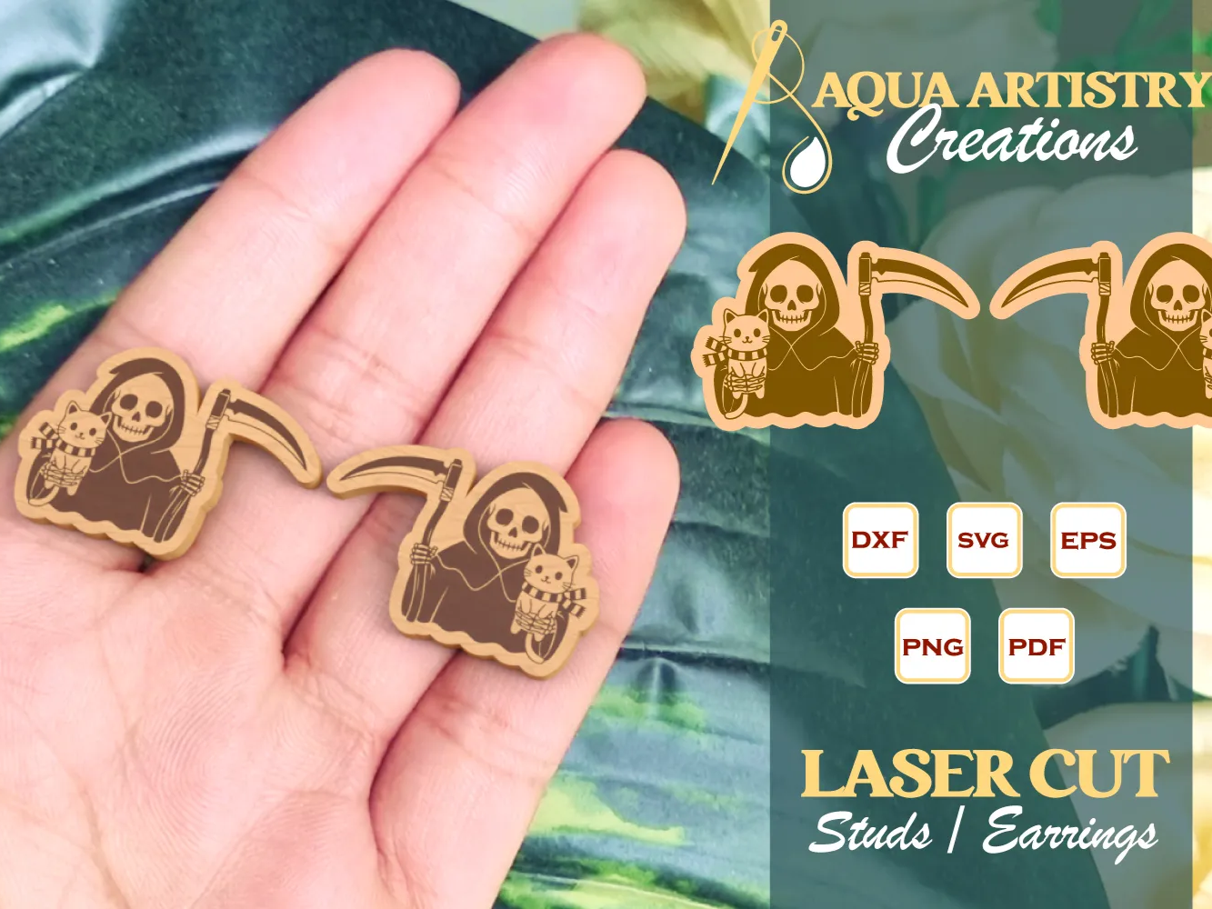 Laser cut and engrave | Laser Cut Grim Reaper Stud Earrings with Cat ...