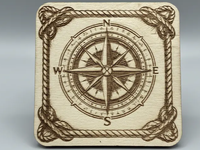 Laser Engraved Wooden Compass Rose Coaster with Rope Border | Free ...