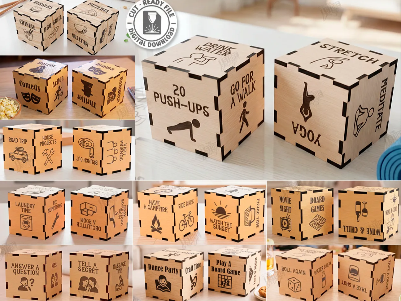 Wooden Activity Dice for Fun Fitness and Leisure Ideas Laser Cut Bundle ...