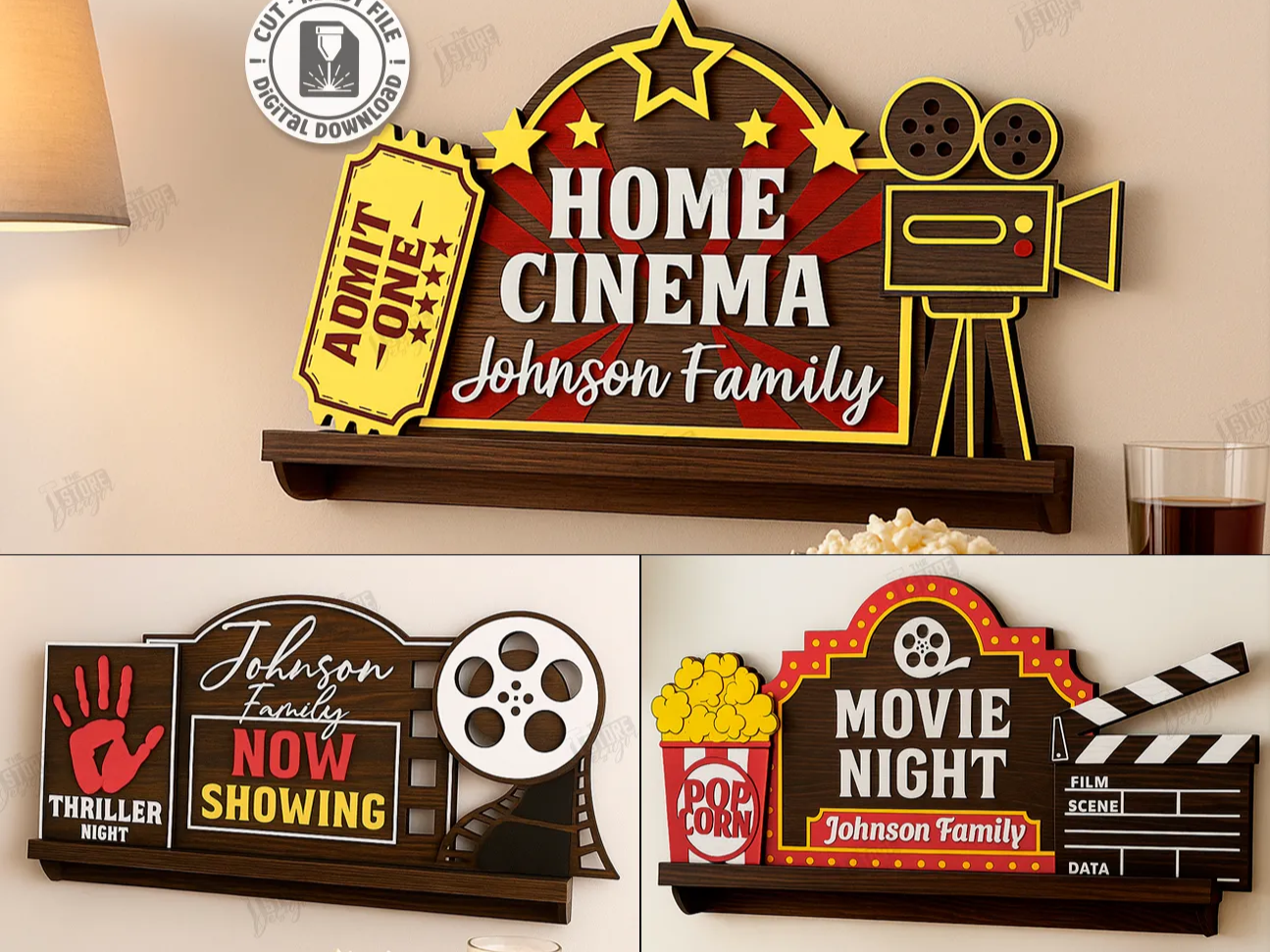 Personalized Home Cinema Wall Art Signs with Shelves Laser Cut Bundle ...