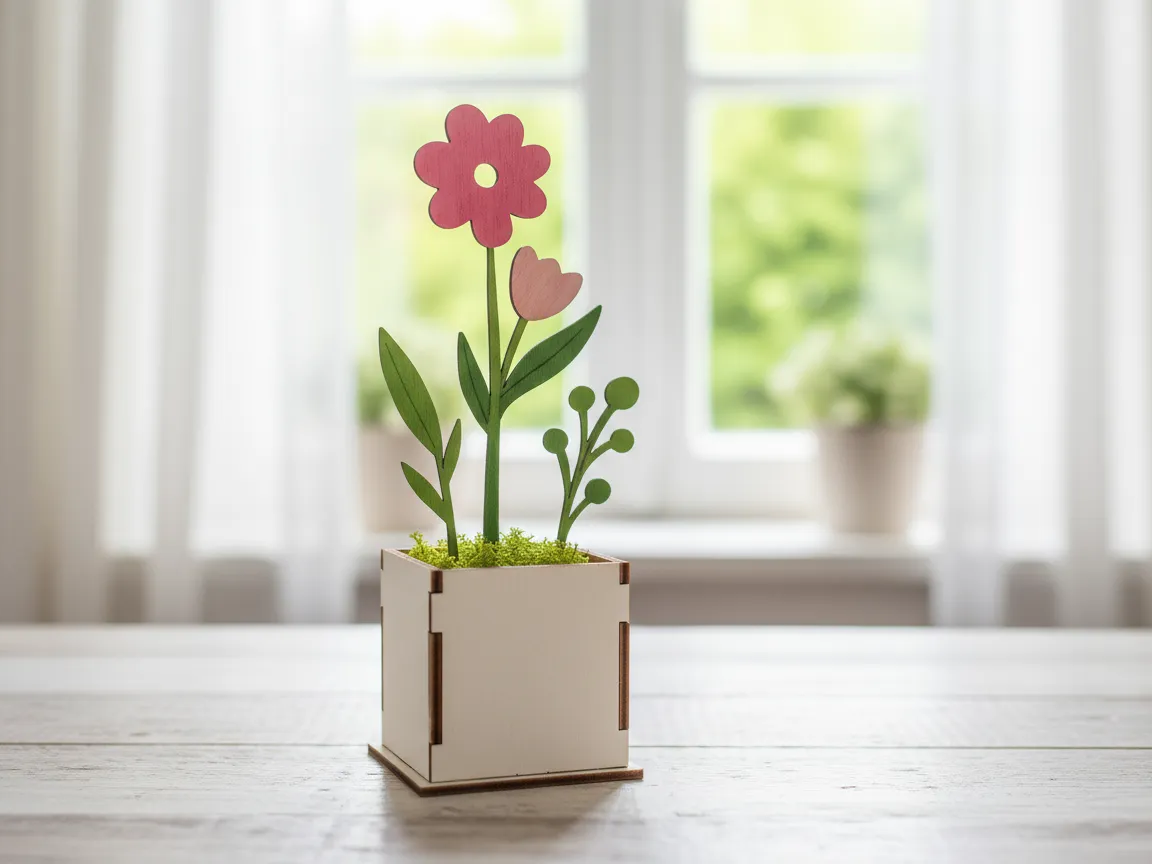 Decorative wooden flower box with pink flowers